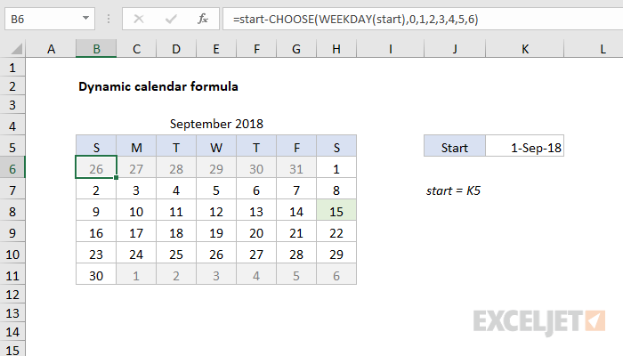 Dynamic Calendar Grid Excel Formula Exceljet